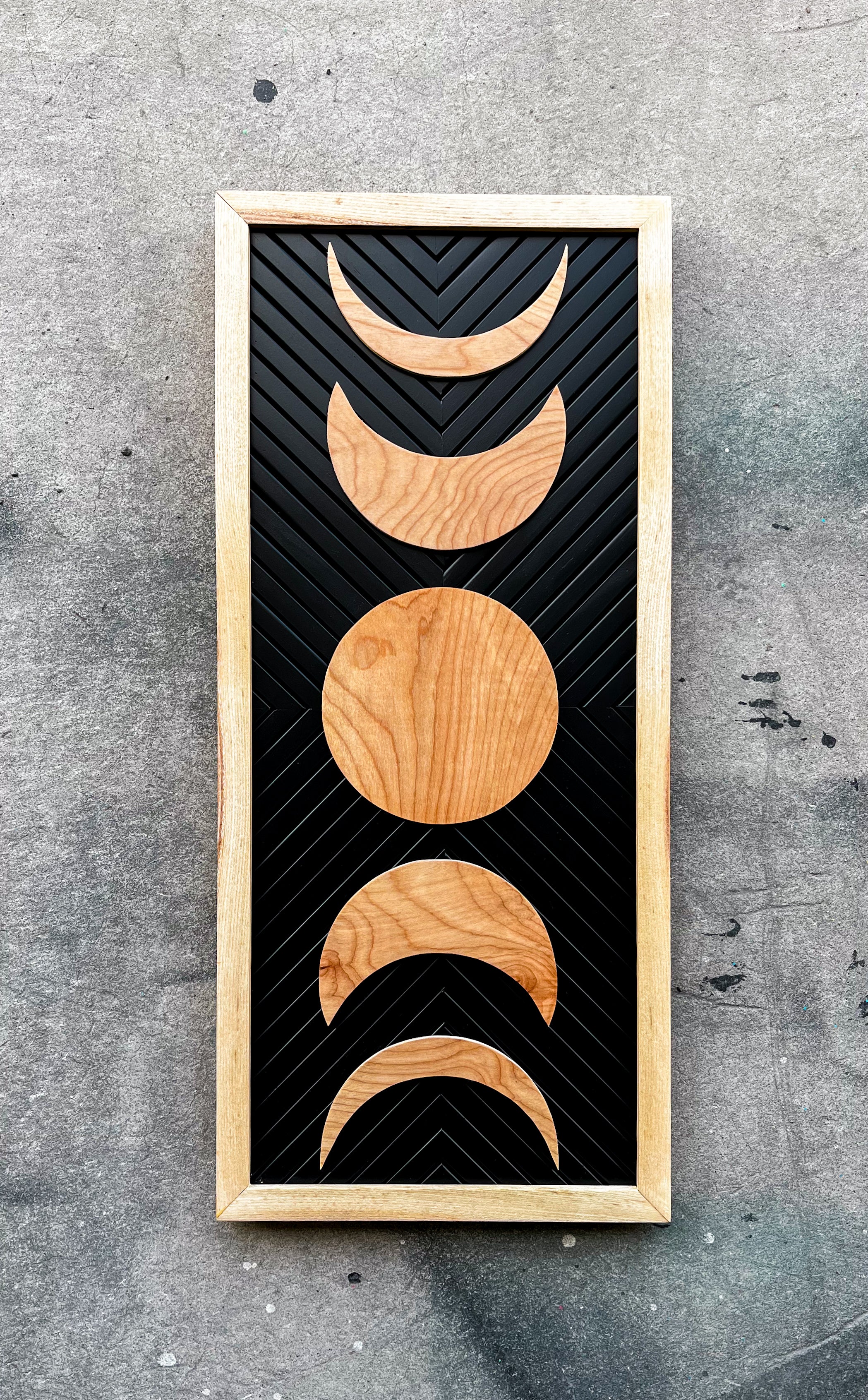 Herringbone Moon Phase | Handmade Wood Art | 24" x 11" – Wave + Pine
